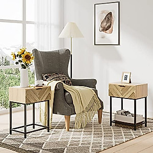 Masupu Nightstand,Bedside Tables with Storage Drawer,Tall Nightstand with Herringbone Pattern,Bedside Furniture,Small Side Table for Small Spaces, Bedroom, Living Room, Rustic Oak