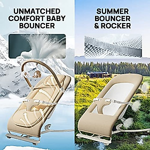 KIDSVIEW Bouncer for Babies, Infant to Toddler Rocker and Baby Bouncer Baby Swing with 3 Seat Positions & Overhead Pillow & Calming Bounce & 3-Point Harness for Newborn Babies (Khaki)
