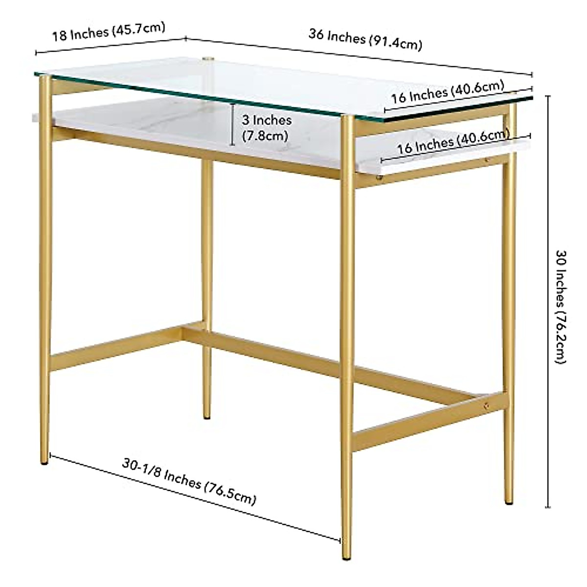 Eaton Rectangular 36'' Wide Desk with Faux Marble Shelf in Brass/Faux Marble