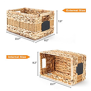 BLEJOY Wicker Storage Basket, Natural Water Hyacinth Baskets for Organizing, Decorative Storage Basket for Shelves with Built-in Handle, Handwoven Wicker Baskets with Letter Plate, 1-Pack