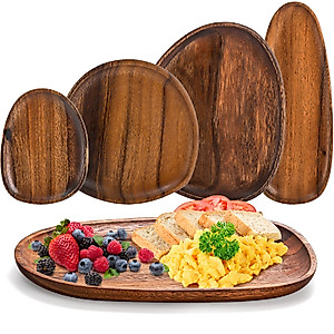 Okllen Set of 5 Acacia Wood Serving Platter and Trays, Irregular Oval Solid Wood Plates Serving Tray, Lightweight Wood Dinner Plates for Breakfast, Coffee, Tea, Snack, Plant, Housewarming Gift