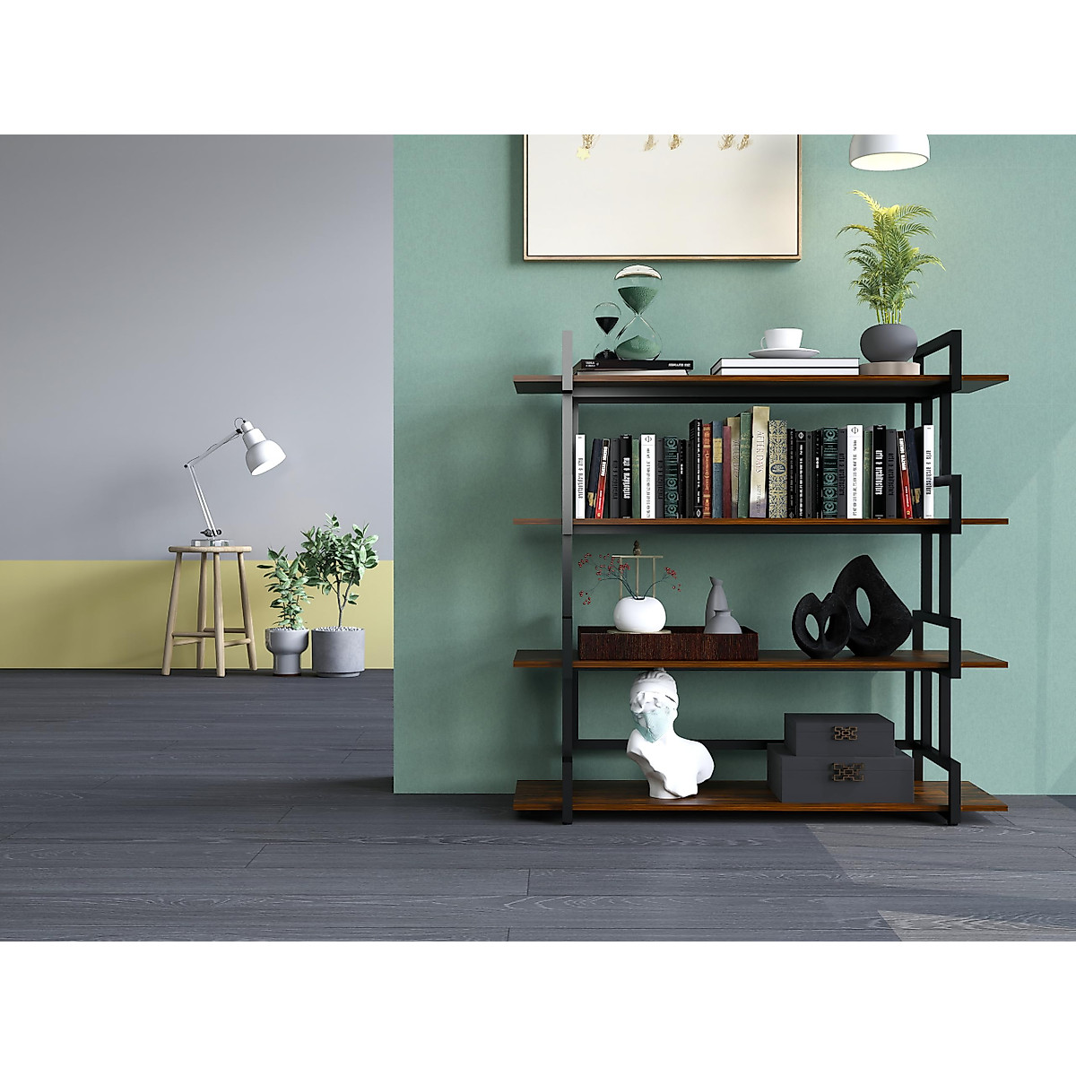 JOIN IRON 4-Tier Modern Industrial Ladder Bookshelf, Rustic Wood and Metal Shelving Unit with Ample Storage, Sturdy Display Rack for Home, Office, and Living Room Decor