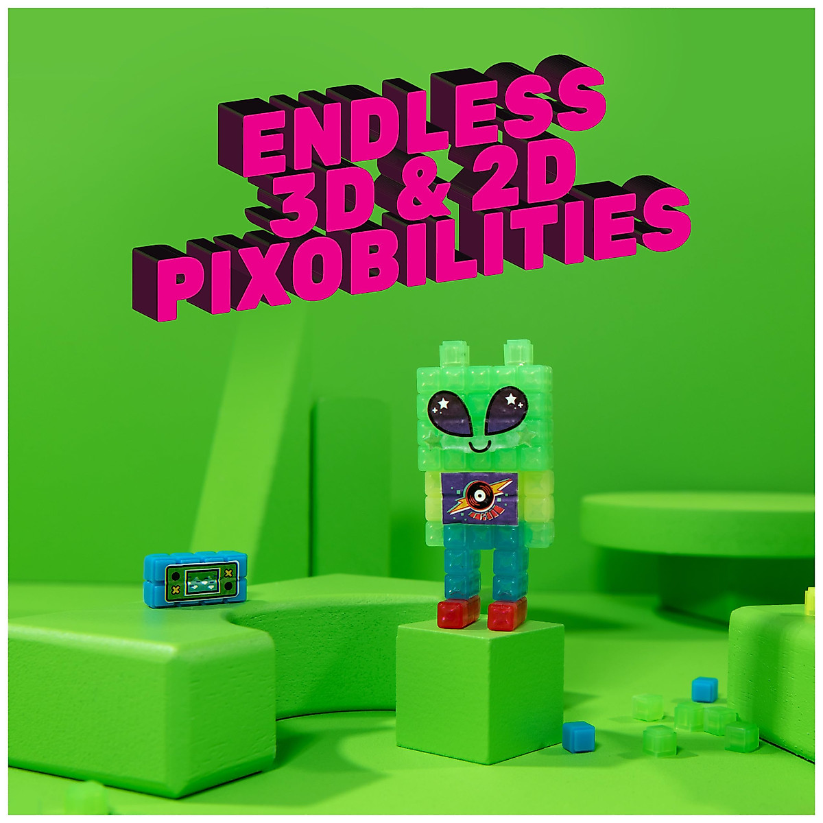 Pixobitz, Exclusive Neon Studio with 600 Water Fuse Beads, Decos and Accessories, Makes 3D Creations with No Heat, Arts and Crafts Kids Toys
