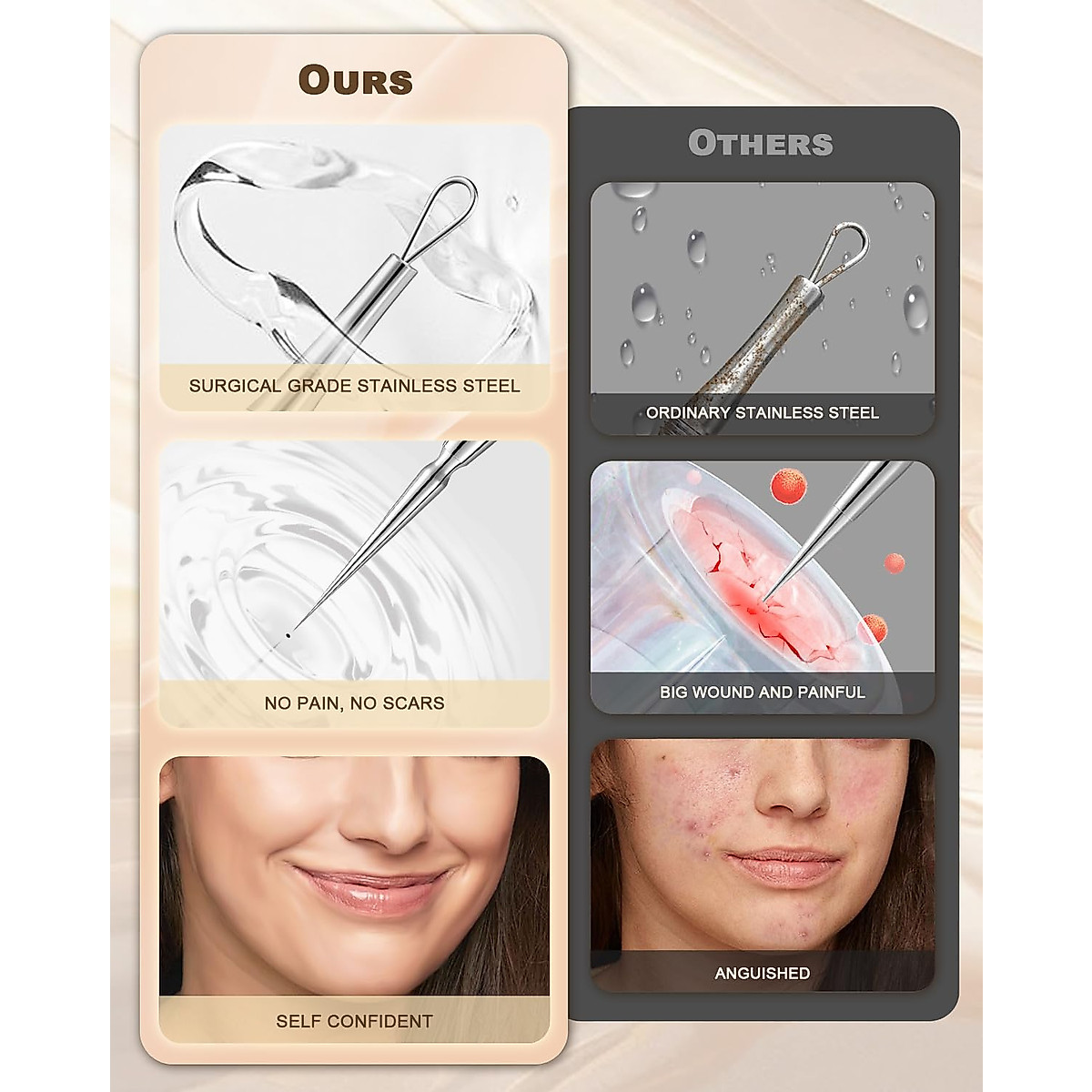 SGNEKOO Professional Facial Milia Removal Tool and Whitehead Extractor,Titanium Alloy Double Ended Needle and Steel Tweezers Kit,Blackhead,Blemish,Zit and Pimple Acne Remover Popper (Titanium Gold)