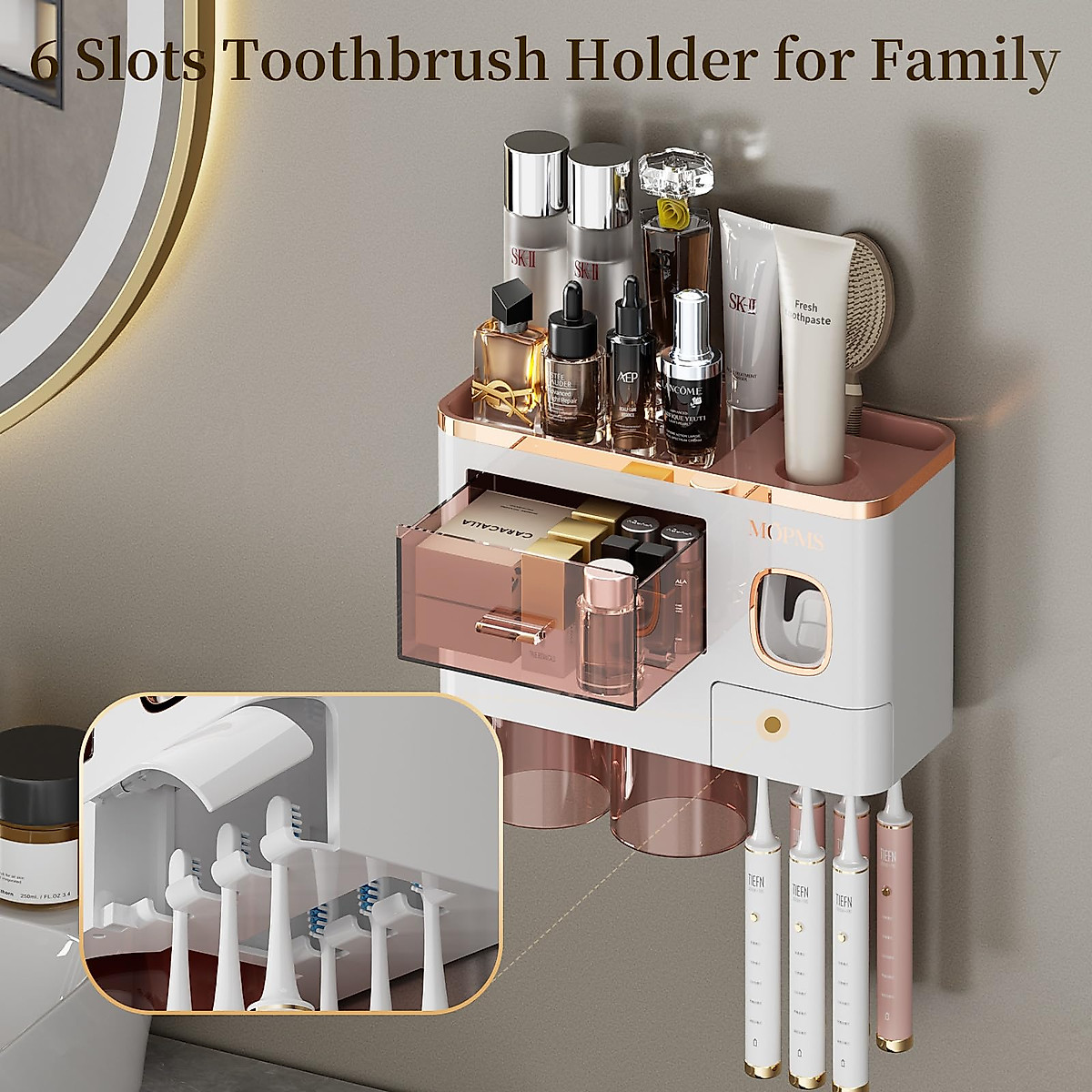 MOPMS Toothbrush Holders, Wall Mounted Toothbrush for Bathroom, Automatic Toothpaste Dispenser Squeezer with Magnetic Cups, Tooth Brushing Holder Drawer Storage Organizer Space Saver-2 Cups White