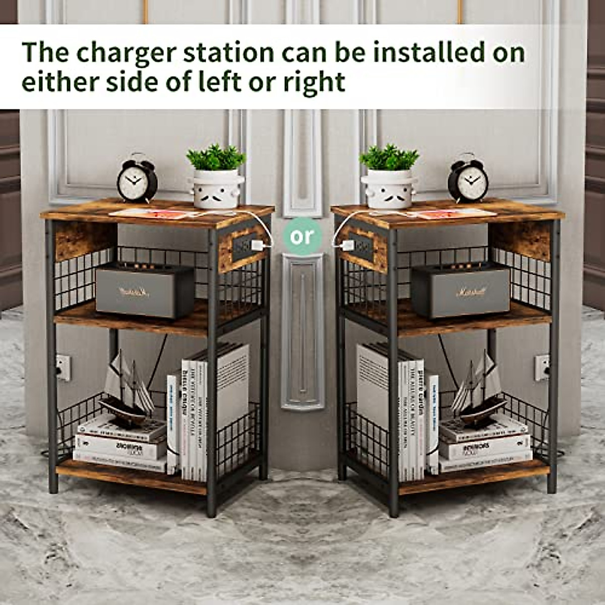 LDTTCUK Side Table with Charging Station & USB Ports,3-Tier End Table for Living Room,Study,Bedroom,Narrow Sofa Table Bedside Table with Storage Shelf,Small Nightstand,Rustic Brown