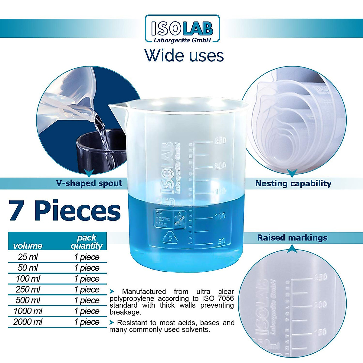 ISOLAB 026.01.S01.Set4 7 Pieces Premium Laboratory Plastic Beaker Set, High Clarity, Polypropylene, Raised Graduations, Autoclavable, 25 mL, 50 mL, 100 mL, 250 mL, 500 mL, 1000 mL, 2000 mL