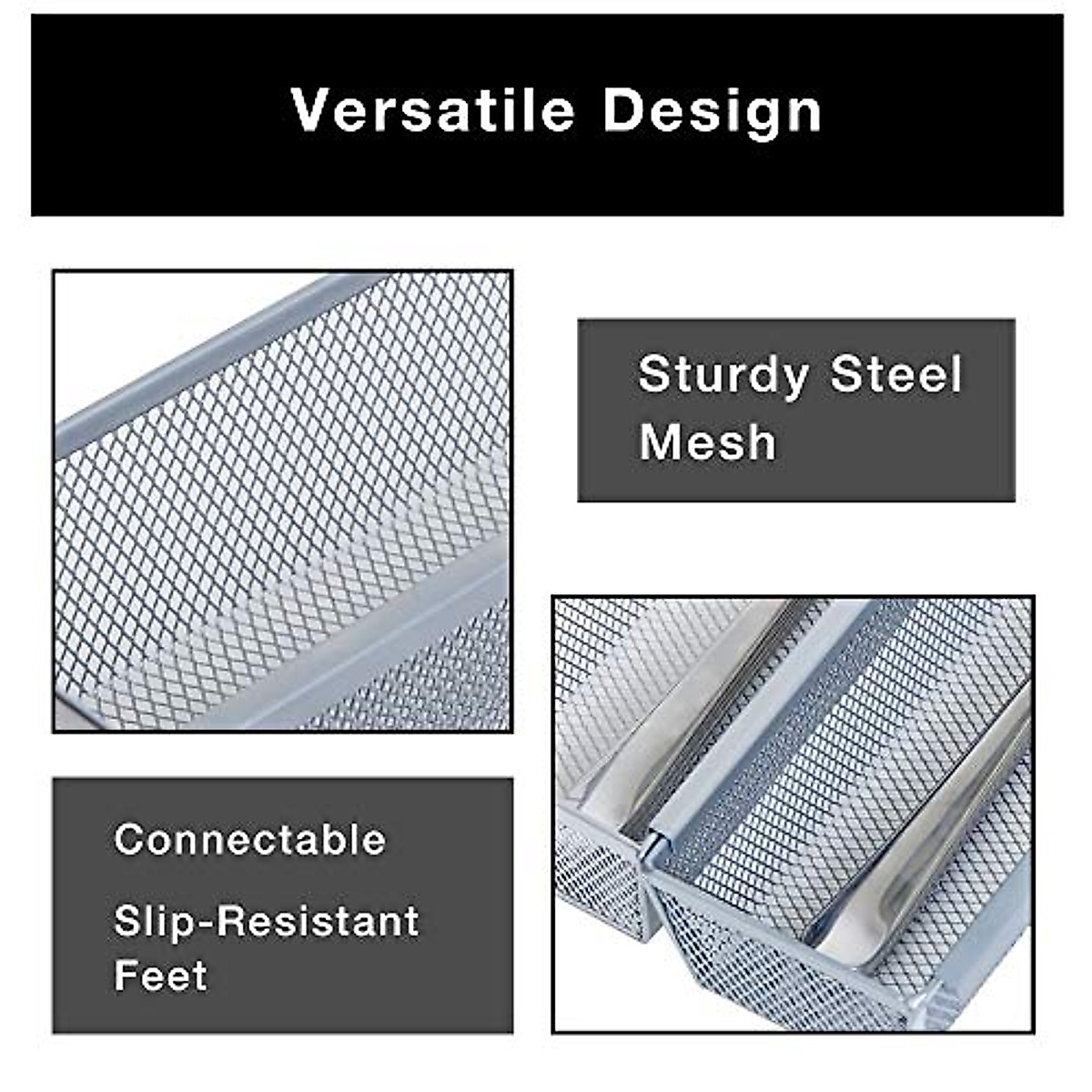 Smart Design 3 Compartment Drawer Organizer - Steel Metal Mesh Tray - Makeup Tray, Vanity, Utensils, Silverware Storage Bin - Kitchen - Silver