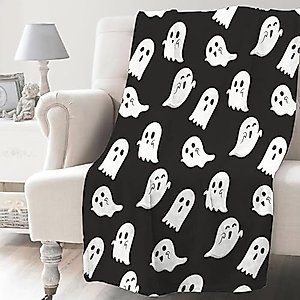 Cute Little Funny Ghost Blanket Gift for Girls Boys, Spooky Decor Plush Soft Fleece Flannel Black White Spooky Halloween Throw Blanket Sheet for Toddler Kids Lap Chair 40X30In