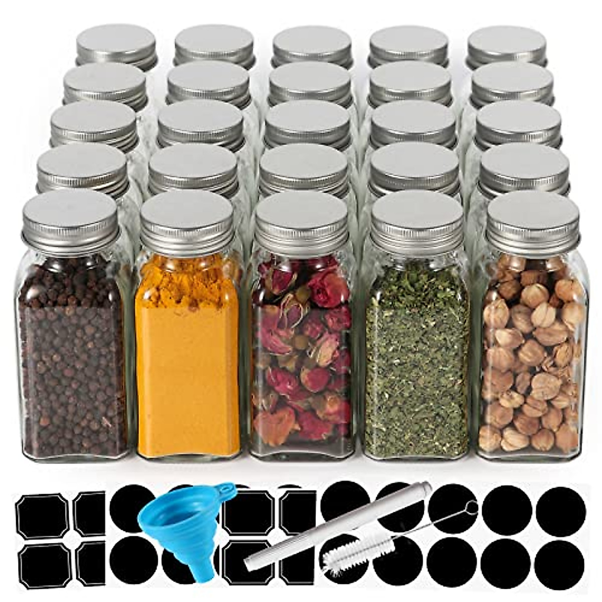 Keketin 6 oz Glass Spice Jars Bottles,25 Pack Empty Spice Jars with Shaker Lids and Labels,180ml Square Spice Containers with Airtight Silver Caps(Chalk Marker,Funnel and Brush include)