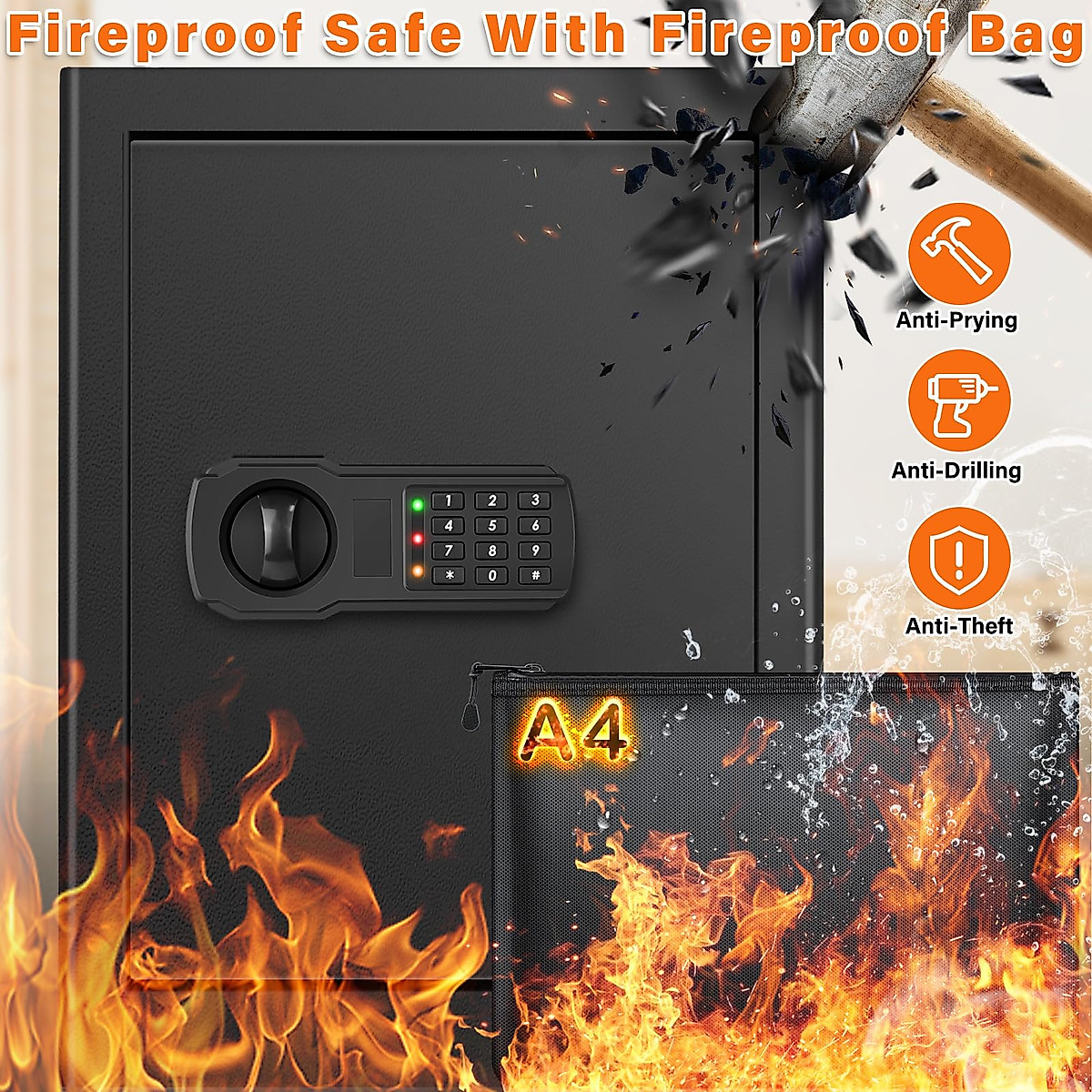 GHJGAGE 2.5 Cub Home Safe Fireproof Waterproof for HOME USE, Large Cabinet Safe Box with Fireproof Document Bag & Removable Shelf, Personal Security Digital Safe for Home Money Firearm A4 Document