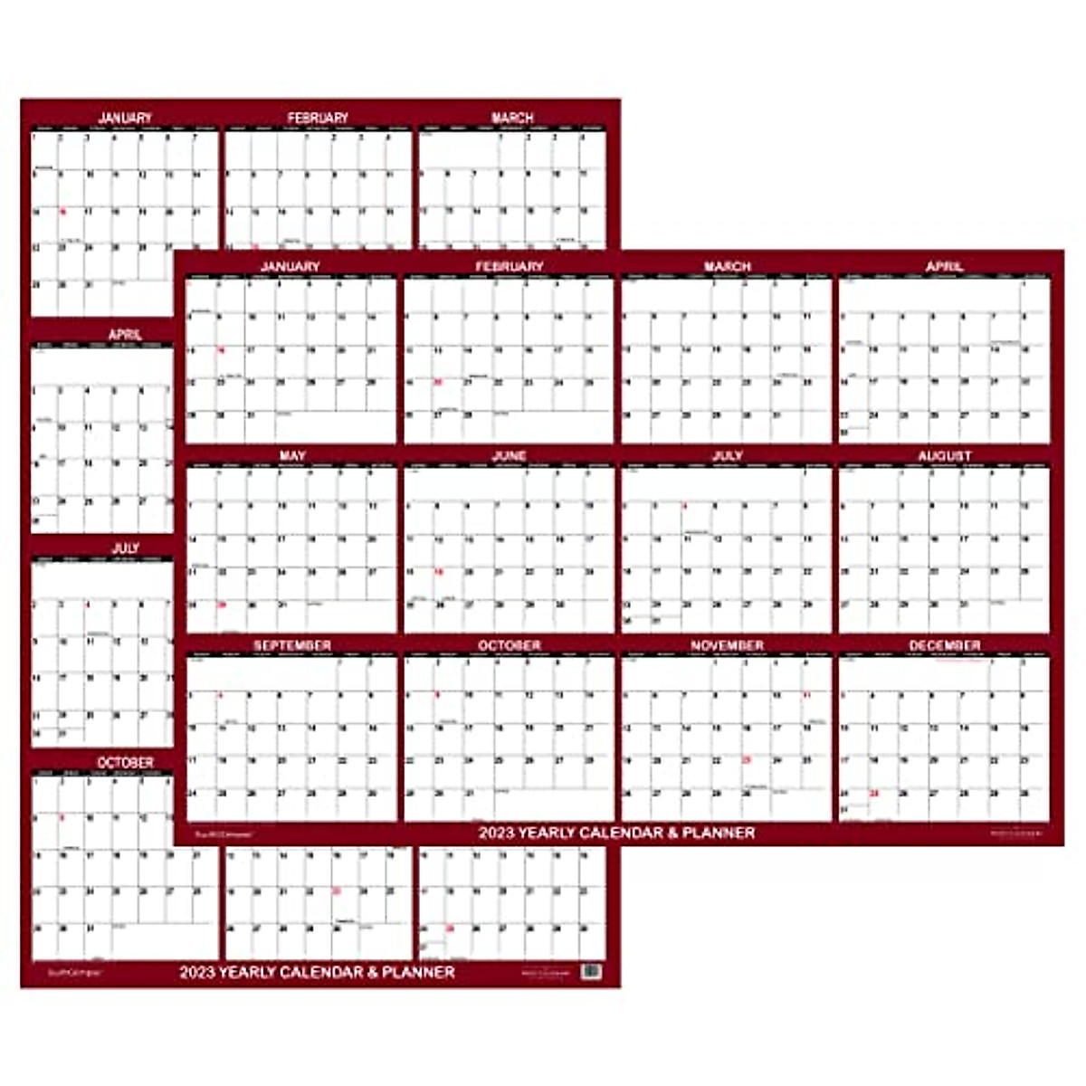 32" x 48" SwiftGlimpse 2023 Wall Calendar Erasable Jumbo XL Wet & Dry Erase Laminated 12 Month Annual Yearly Wall Planner, Reversible, Horizontal/Vertical, Maroon