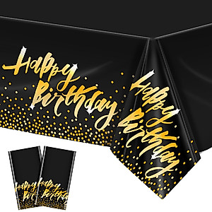 Aneco 2 Pack Happy Birthday Table Cloth Cover Black Gold Party Durable Tablecloth 54 x 108 Inches for Parties Birthdays Weddings