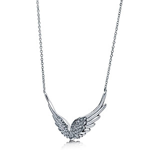 BERRICLE Sterling Silver Angel Wings Cubic Zirconia CZ Fashion Pendant Necklace for Women, Rhodium Plated