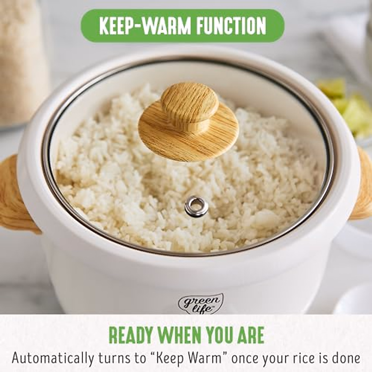 GreenLife 6-Cup Rice Cooker Steamer, PFAS Free Removable Ceramic Nonstick Pot, Auto Presets, Wood Print Handle, Keep Warm Function, One Touch Design, Dishwasher Safe, Measuring Cup, Rice Paddle, Cream