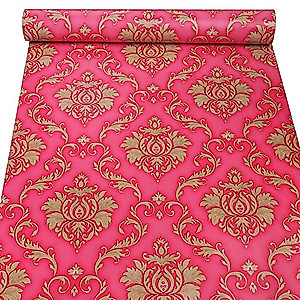 SimpleLife4U Floral Furniture Paper Self-Adhesive Red Damask Shelf Liner DIY Storage Unit 17.8 Inch By 9.8 Feet