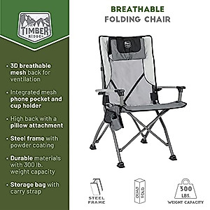 TIMBER RIDGE Aluminum Collapsible High Back Chair with Organizer Cup Holder Headrest Heavy Duty 300 lbs for Adults, Ideal for Outdoor Beach Fishing Lawn, Gray