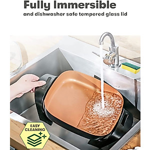 Electric Skillet Nonstick with Lid - 12"x12" Deep Frying Pan, Serves 4 to 6 People, Cool Touch Handles, Removable Heating Probe, Dishwasher Safe, Copper