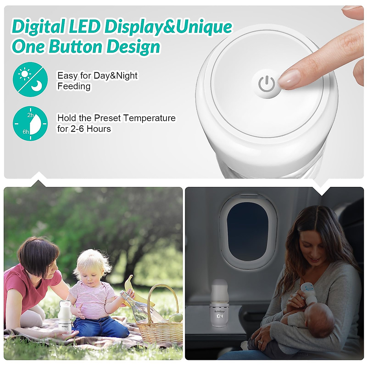 Bubblbay Portable Bottle Warmer,104° Digital Thermostat Baby Bottle Warmer with Upgraded 5 Adapters Leak-Proof Design,Wireless LED Display Travel Bottle Warmer for Breastmilk or Formula