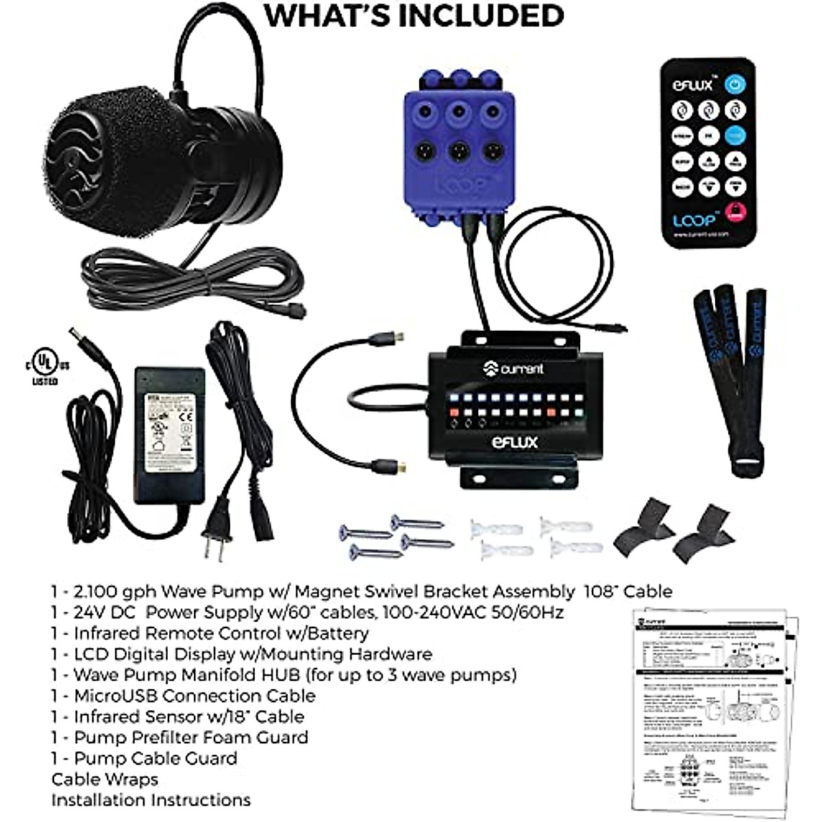 CURRENT USA 2100 GPH eFlux Wave Maker Pump Kit (6002) | Magnetic DC Powerhead with LED Display Controller for Saltwater Tank, 420-2100 GPH Aquarium Water Circulation Pump 30 to 125 Gallon, Black