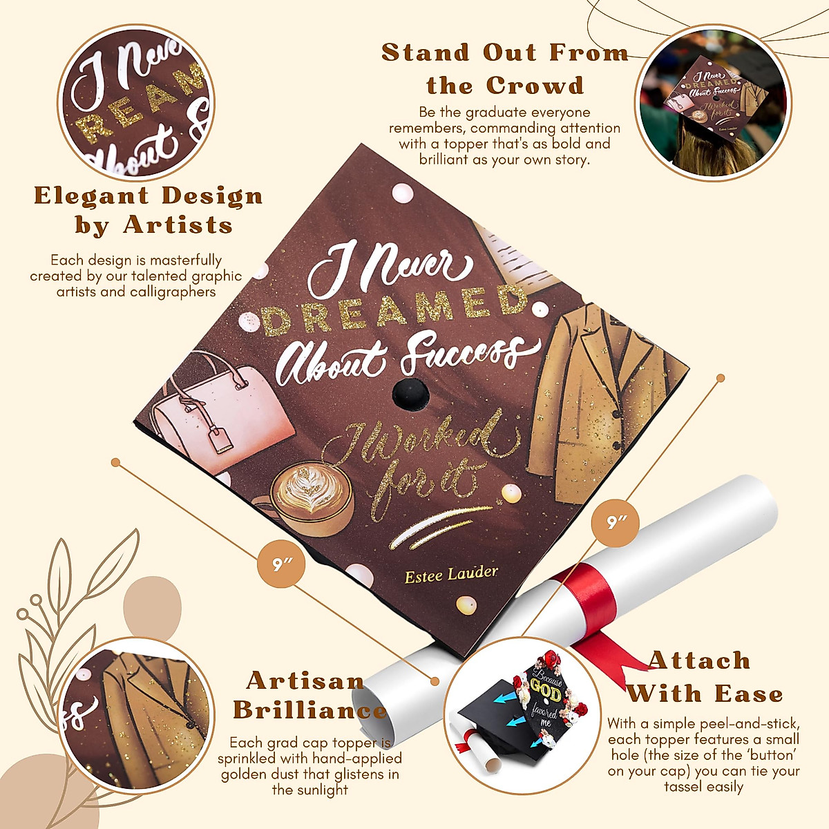 Once Upon A Time Graduation Cap Topper with Flowers, Grad Cap Decorations, Class of 2025 Grad Cap Topper, I never dreamed about success it. Estee Lauder