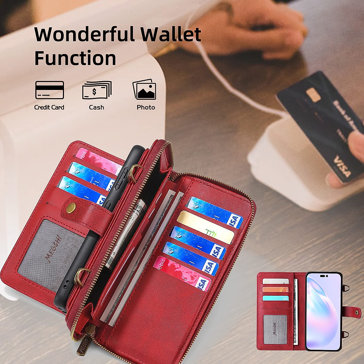 Misscase Compatible with iPhone 13 Wallet Case 2021,Multi-Function Wallet Case,2 in 1 Detachable Magnetic Wallet Case with Card Holder,PU Leather Flip Cover with Lanyard,13 Card Slots Red