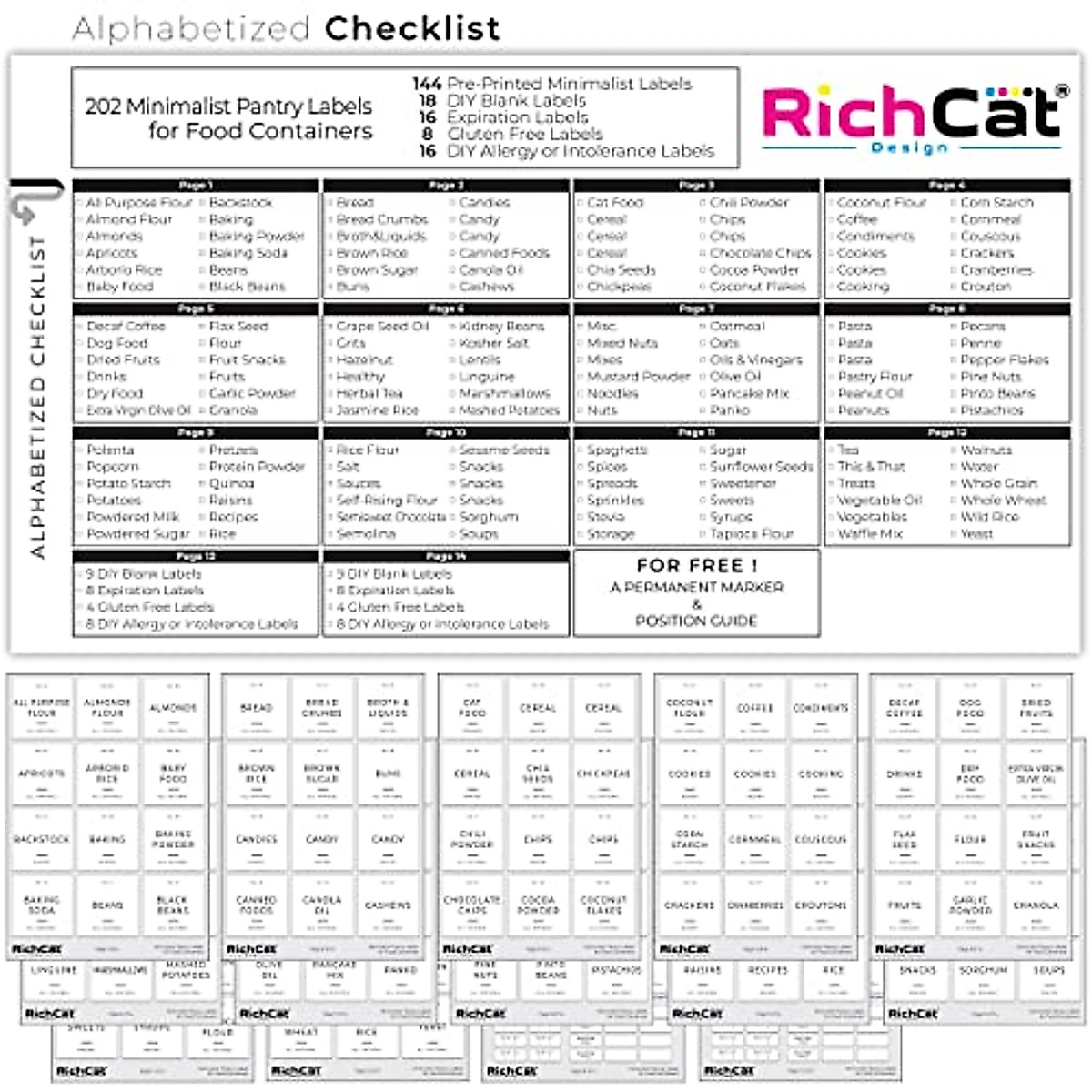 202 Kitchen Pantry Labels for Food Containers - Preprinted Stickers for Food Containers, Storage Bins, Jars and Canisters. Labels for Organizing Kitchen Pantry(with Permanent Pen and Position Guide)