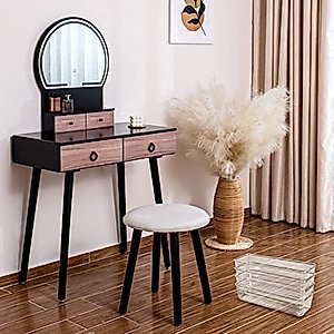 Rose Vanity Makeup Vanity Dressing Table with Lighted Mirror, 3 Lighting Intensity Levels, 5-Piece Vanity Organizers, Soft Cushioned Stool - Black & Brown VD White