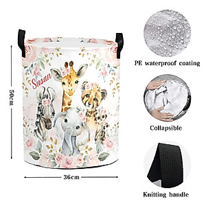 Personalized Custom Flower Cute Animals Lion Laundry Baskets with Name Collapsible Clothes Storage Basket with Handle for Bathroom Bedroom Kitchen