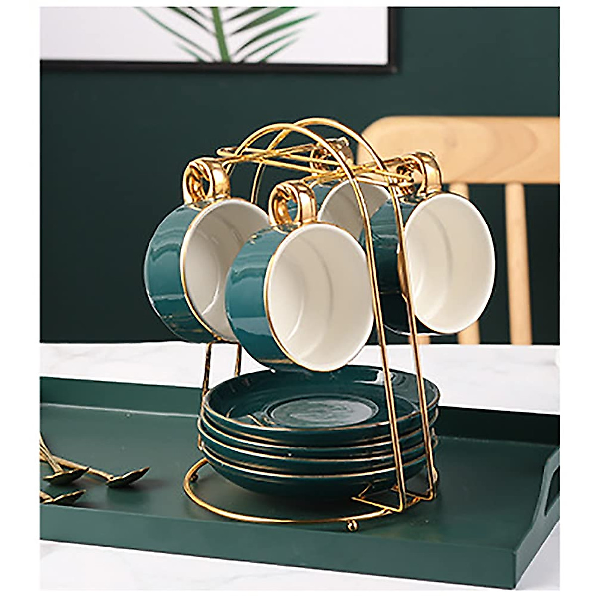 YY YEARCHY Coffee Mug Holder, Espresso Cups Holder Cup Drying Rack Cups Drainer Stand Metal Mug Tree Cups Organizer with 4 Hook Hangers for Kitchen Counter and Tea Party(Gold)