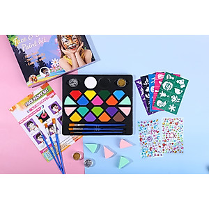 BOBISUKA Face Painting Kit for Kids - 16 Colors Water Based Body Face Paint Includes Brushes,Sponges,Glitters,Gem Sheet,Instructions,Stencils for Halloween Party Costume SFX Makeup