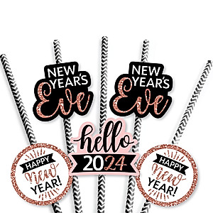 Big Dot of Happiness Rose Gold Happy New Year - Paper Straw Decor - 2024 New Year's Eve Party Striped Decorative Straws - Set of 24