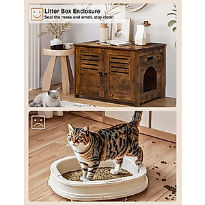 DINZI LVJ Litter Box Enclosure, Cat Litter House with Louvered Doors, Entrance Can Be on Left or Right Side, Spacious Hidden Washroom for Most of Litter Box, Cat Furniture Cabinet, Rustic Brown