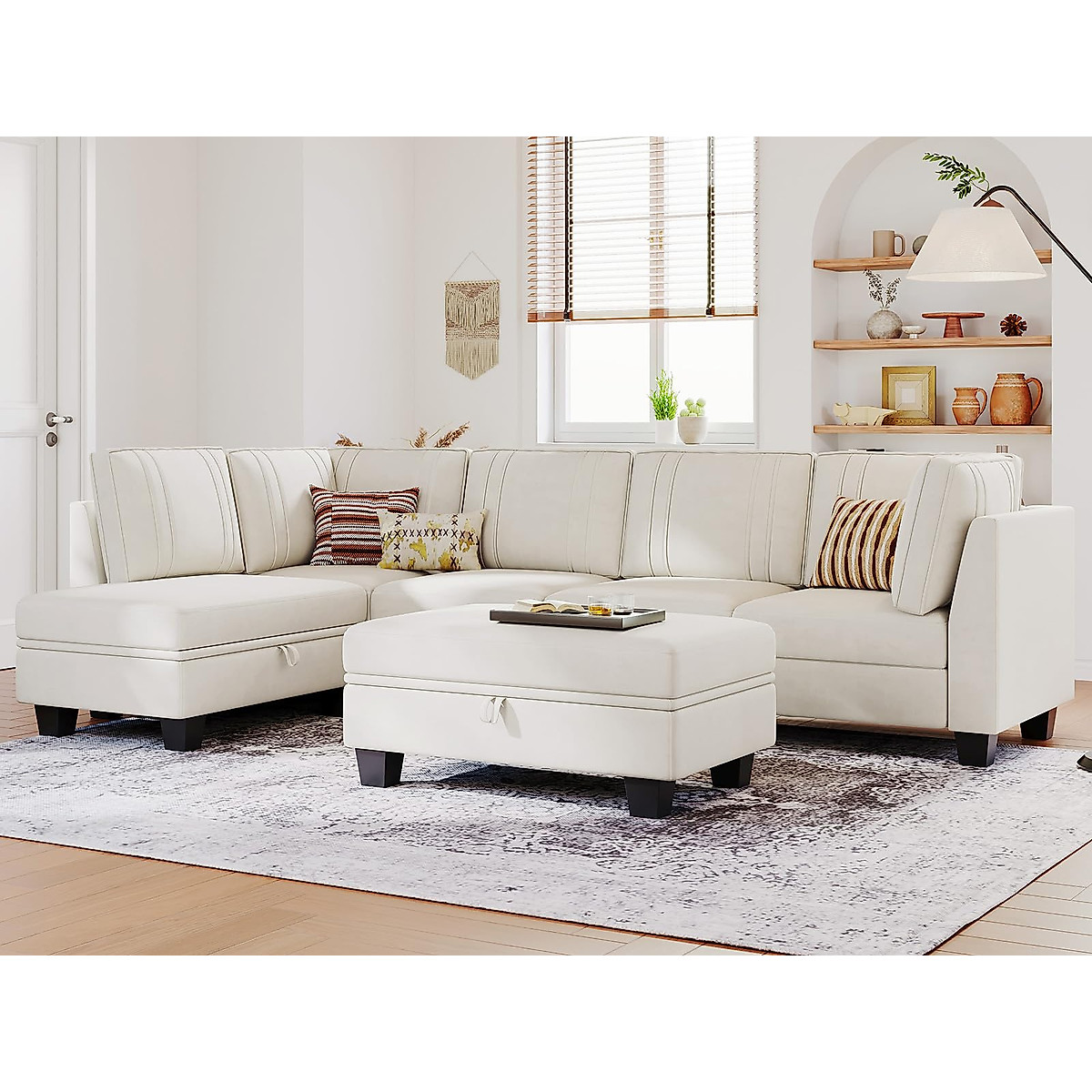 Belffin Velvet Sectional Sofa with Storage Ottoman Cream L Shaped Couch Sofa Convertible L-Shaped Sofa Beige