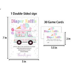 Diaper Raffle Baby Shower Game, 1 Standing Sign and 50 Tickets, Ice Cream Truck Theme Gender Neutral For Boys or Girls, Bring A Pack of Diapers for Mom-To-Be, (036)