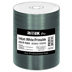 100 Pack Ritek Pro (Professional Grade) CD-R 52X 700MB White Inkjet Hub Printable Blank Media Recordable Disc
