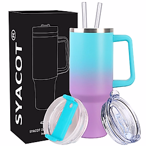 SYACOT 40 oz Tumbler with Handle and Straw Stainless Steel Insulated Tumbler Leak Proof Lid and Straw Lid Reusable Travel Mug Coffee Mug Cup Dishwasher Safe Keep Drinks Cold and Hot (Green Purple)