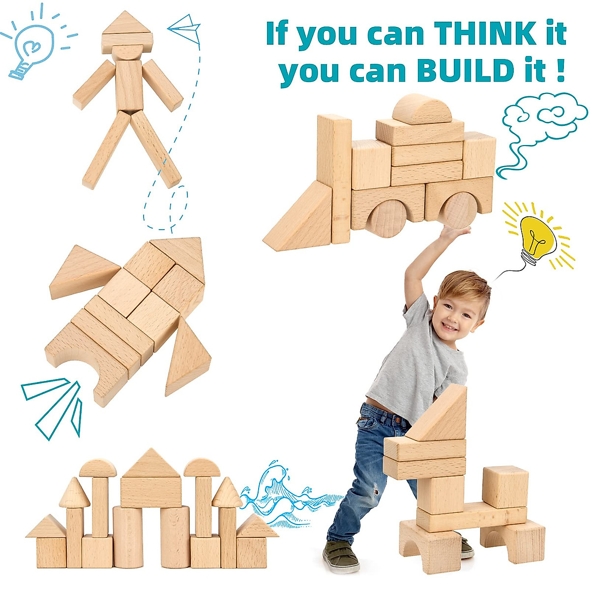 Timfuis Wooden Building Blocks Set, 80 PCS Natural Wood Stacking Block Toy with Carrying Bag, Montessori Learning Birthday Gifts for 3 4 5 Year Olds Toddlers Kids Boys Girls Children