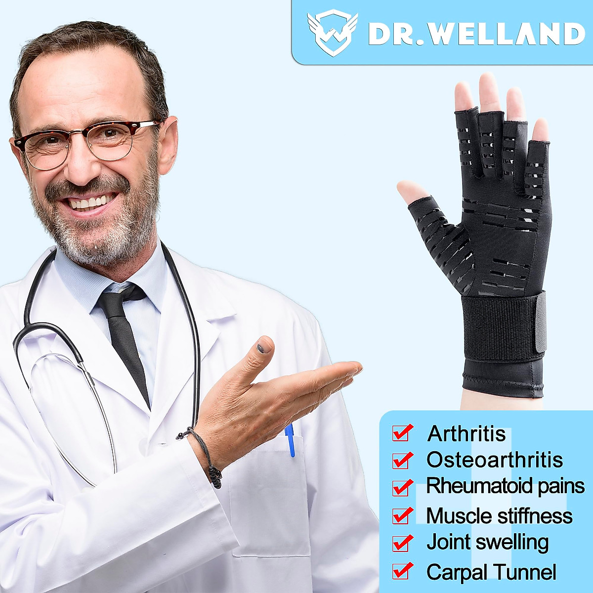 Dr.Welland Medical Arthritis Gloves with Strap, Best Open Finger Glove Hand Wrist Support for Rheumatoid Arthritis