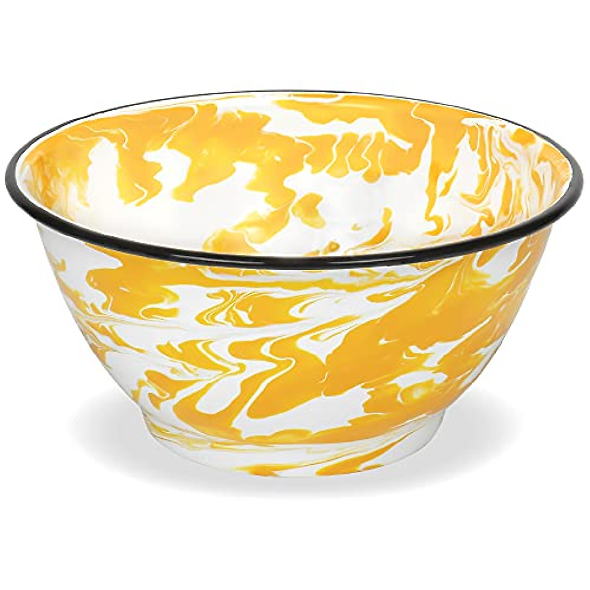 Red Co. Set of 2 Enamelware Metal Large Classic 4 quart Round Salad Serving Bowl, Yellow Swirls/Black Rim