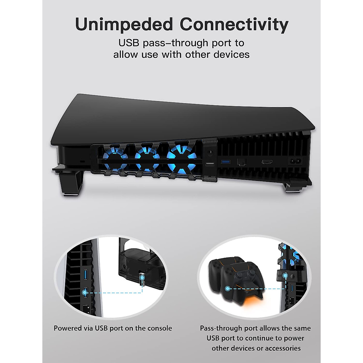 NexiGo PS5 Horizontal Stand with Slient Cooling Fan, [Auto On/Off], [Minimalist Design], Compatible with Playstation 5 Disc & Digital Editions, Built-in LED Light, Extra USB Port, Black