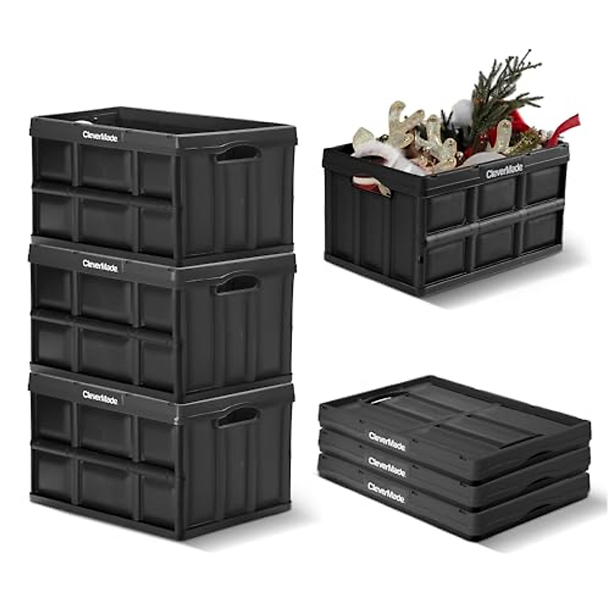 CleverMade Collapsible Storage Bin, Black, 3PK - 46L (12 Gal) Stackable Storage Containers, Holds 66lbs Per Bin - Plastic Storage Bins for Organizing, Closet Storage, Garage Storage