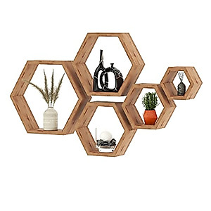 Red River Hexagon Floating Shelves Set of 5,Wall Mounted Wood Farmhouse Storage Honeycomb Wall Shelf,Floating Shelf,Wall Shelf for Bathroom,Kitchen, Bedroom, Living Room, Office (Dark Brown)