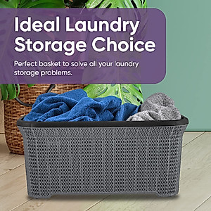 Plastic Laundry Basket Designed Small Storage Hamper Basket, 4 Pack Grey Cloths Basket Organizer with Cut-out Handles. Space Saving for Laundry Room Bedroom Bathroom, Knit Design 40 Liter.