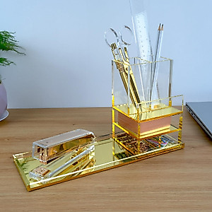 EXPUTRAN Acrylic Desk Organizer 4-Piece Desk Kit + Free Complimentary Acrylic Ruler, Desktop Organization for Office or Home (Gold)