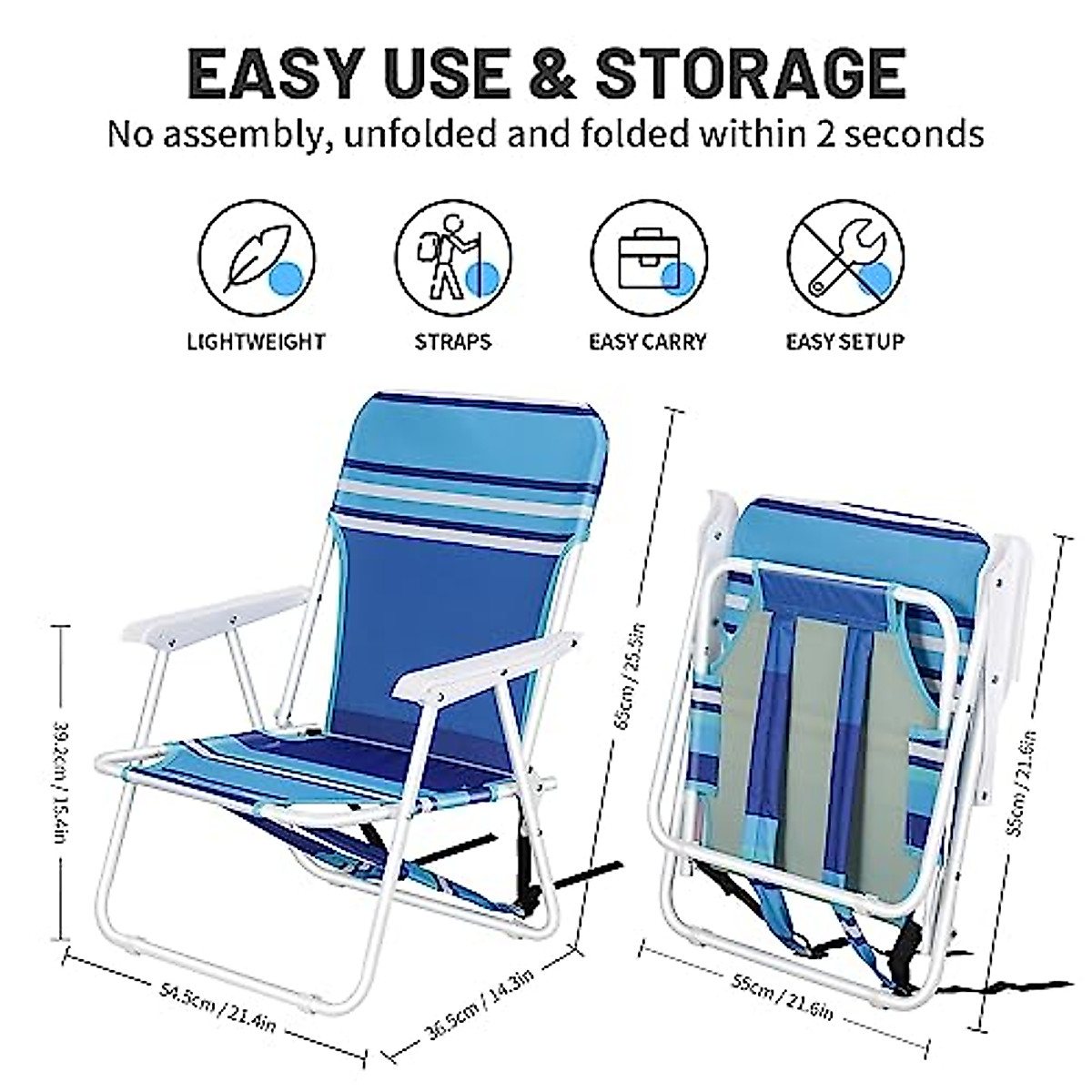 Beach Chairs for Adults 2 Pack, Lightweight Backpack Beach Chair with Shoulder Straps, Low Beach Chair Support 265lbs, Folding Beach Chair for Beach, Camping, Hiking, Picnic, Blue