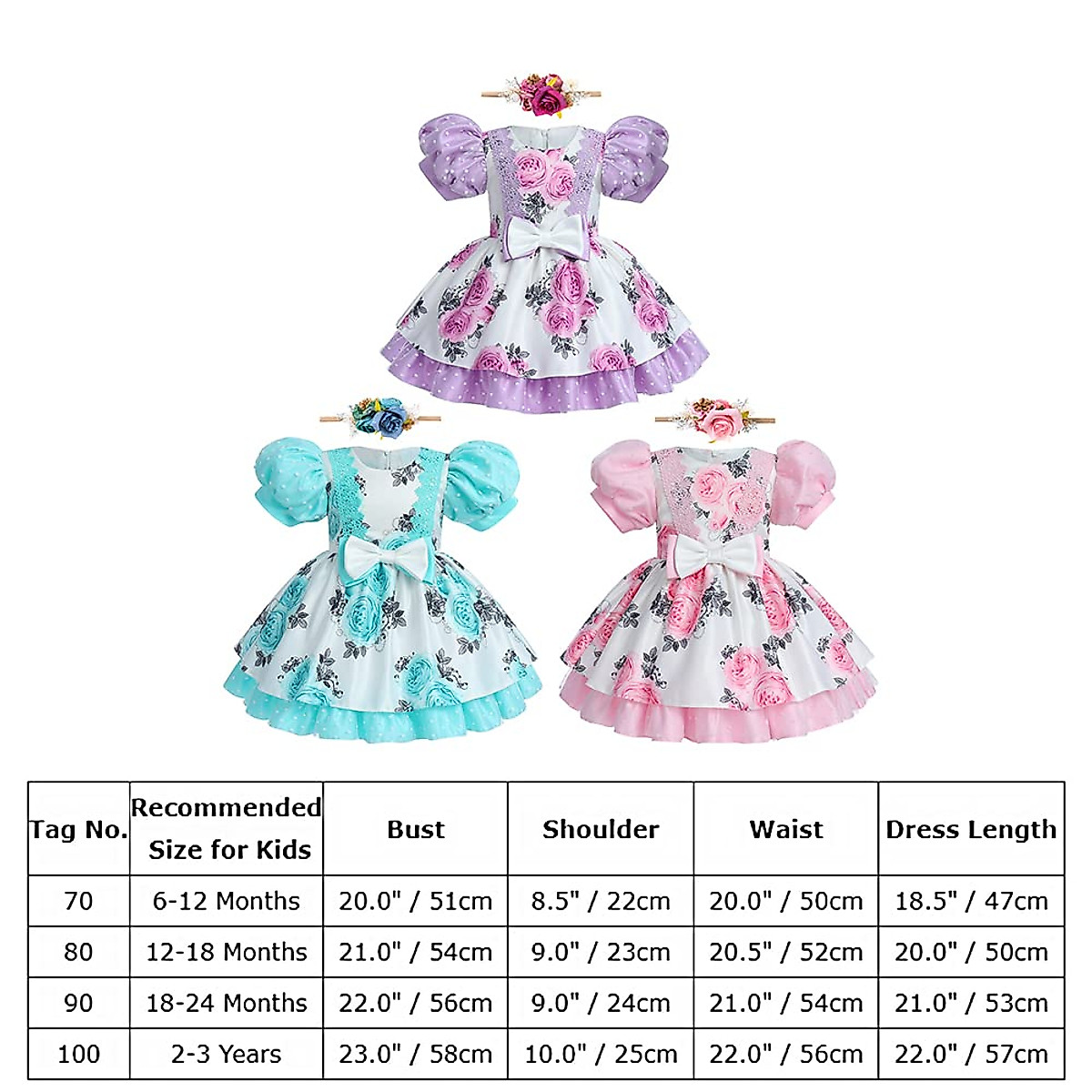 Girls Flower Puff Sleeve Dress 2PCS Pageant Princess Summer Dresses with Floral Headband Front Bowknot Wedding Birthday Dress Up Clothes Baby Girl Christening Baptism Outfits Purple 6-12 Months