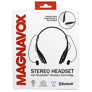 Magnavox MBH513-BK in-Ear Stereo Ear Buds with Microphone and Bluetooth Wireless Technology in Black | Neckband Bluetooth Headphones | Compact Design |