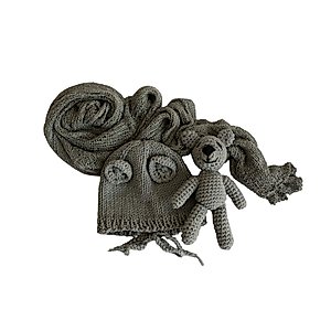 Newborn Photography Props with Baby Wrap - Long Ripple Stretch Wrap with Crochet Beanie Hat and Knitted Teddy Bear - Complete 3 Piece Outfit Set to Swaddle Infant for Boys or Girls Photoshoot Session