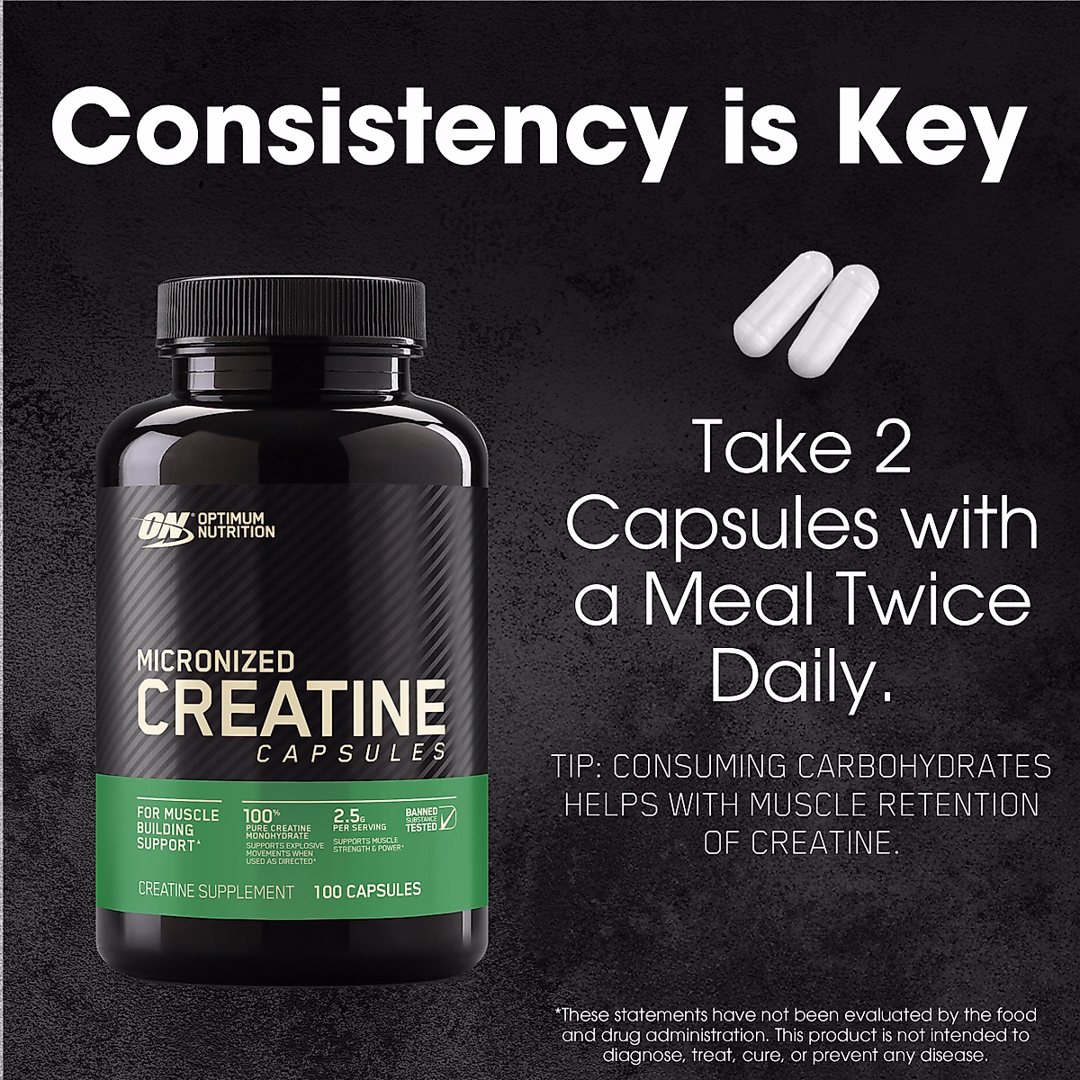 Optimum Nutrition Micronized Creatine Monohydrate Capsules, Keto Friendly, 2500mg, 100 Capsules